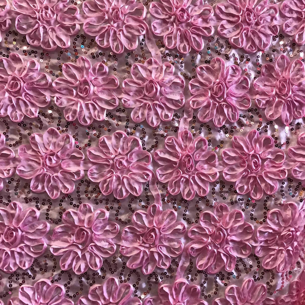 Pink Sequined Rosette Satin Fabric | iFabric